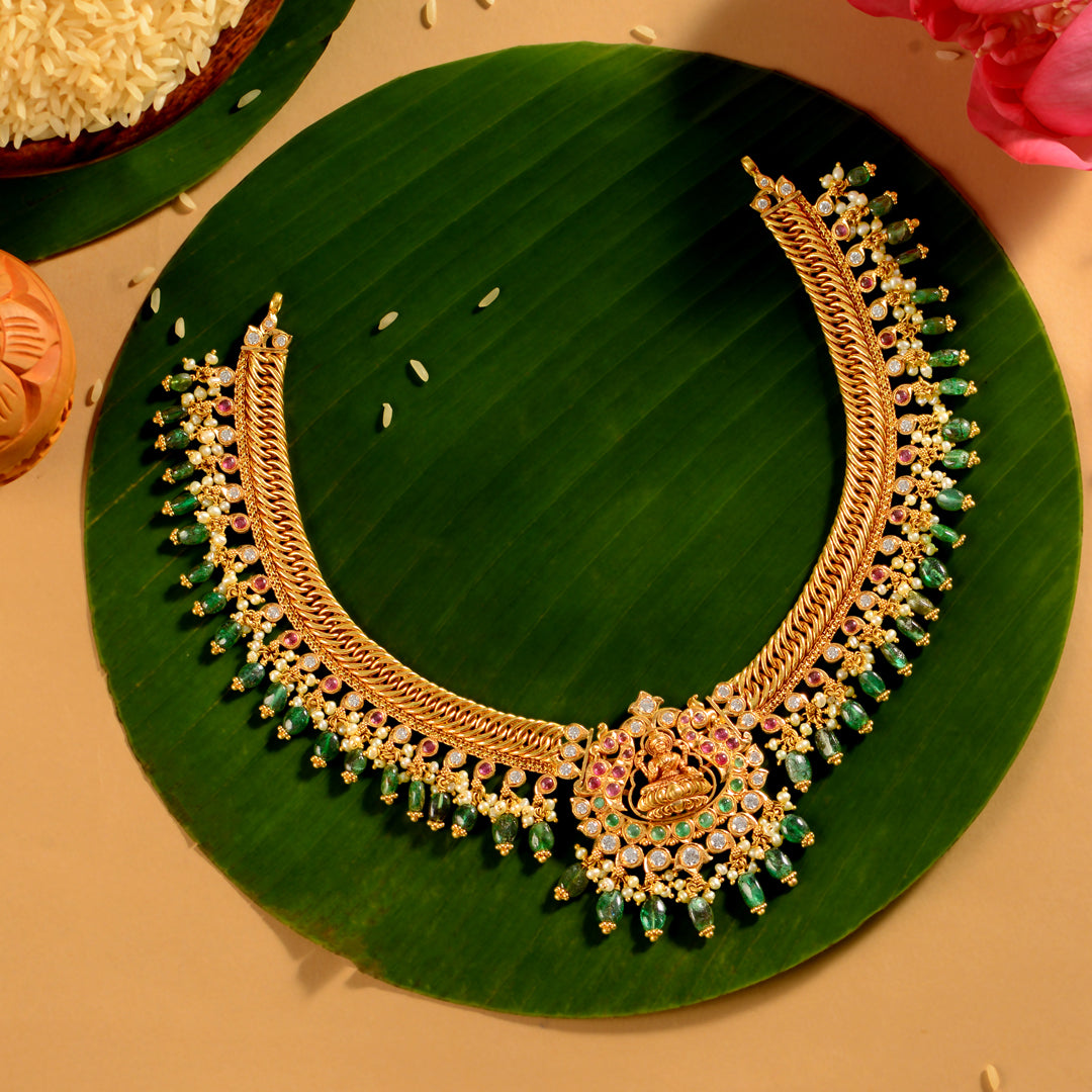 Buy 22K Gold Jalebi Lakshmi Necklace with CZs, Pota & Emerald Beads ...
