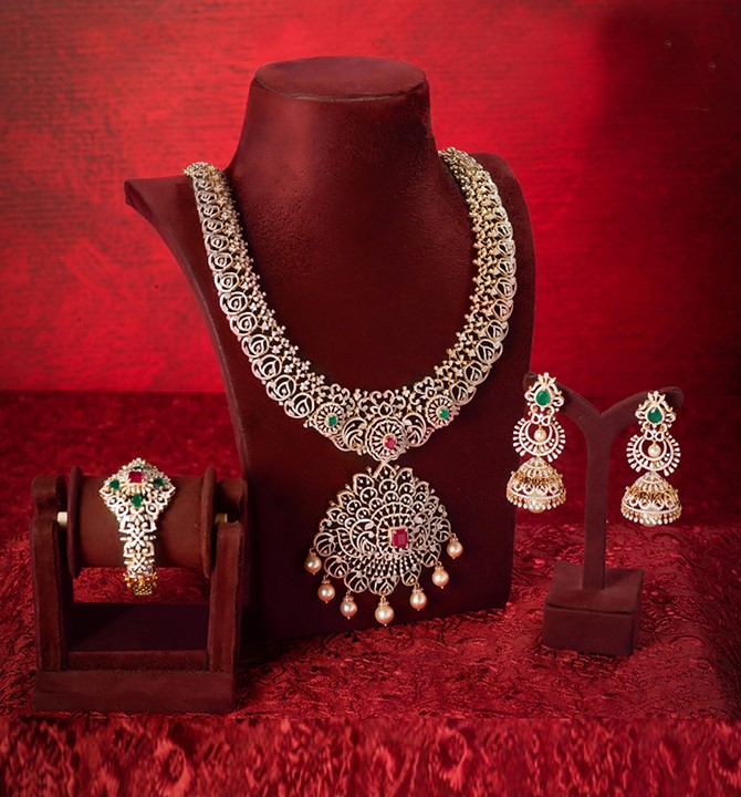Diamond Long Haram Necklace set – Krishna Jewellers Pearls and Gems Pvt Ltd