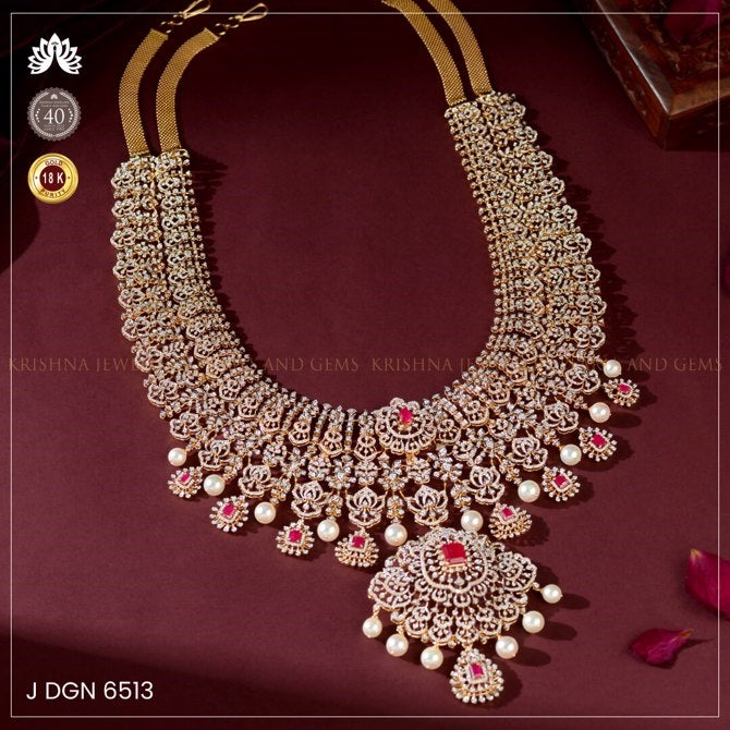 Exquisite Diamond Bridal Long Haar Necklace with Rubies and Hanging Pe ...