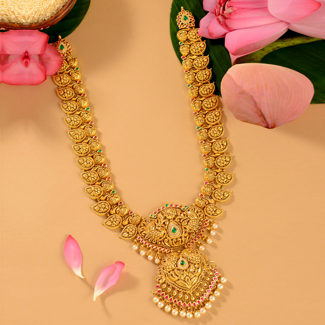 Buy 22K Gold Long Bridal Mango Haaram with Ruby & Emerald Pota ...