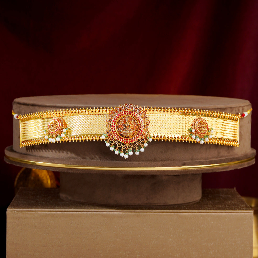 Buy 22K Gold Lakshmi Bridal Vaddanam with Pearls, Emerald Beads & Pota ...