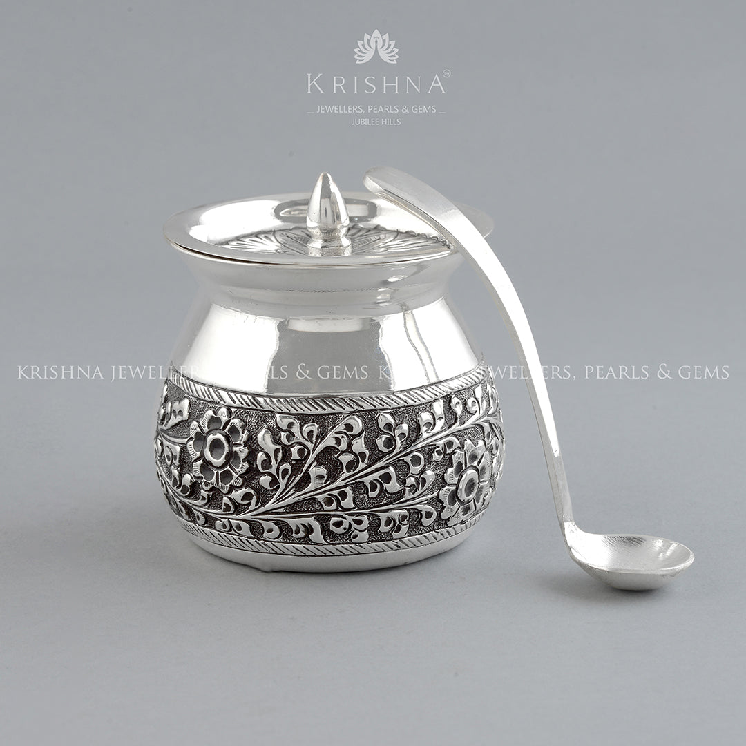 silver-floral-antique-ghee-pot – Krishna Jewellers Pearls and Gems Pvt Ltd